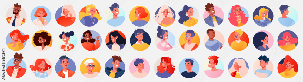 Modern stylish diverse people, nationalities, ages, smiling female and ...