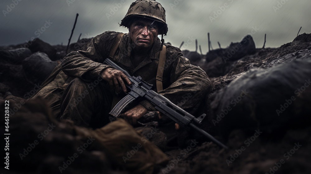 soldier in a foxhole, surrounded by mud and barbed wire, grim ...