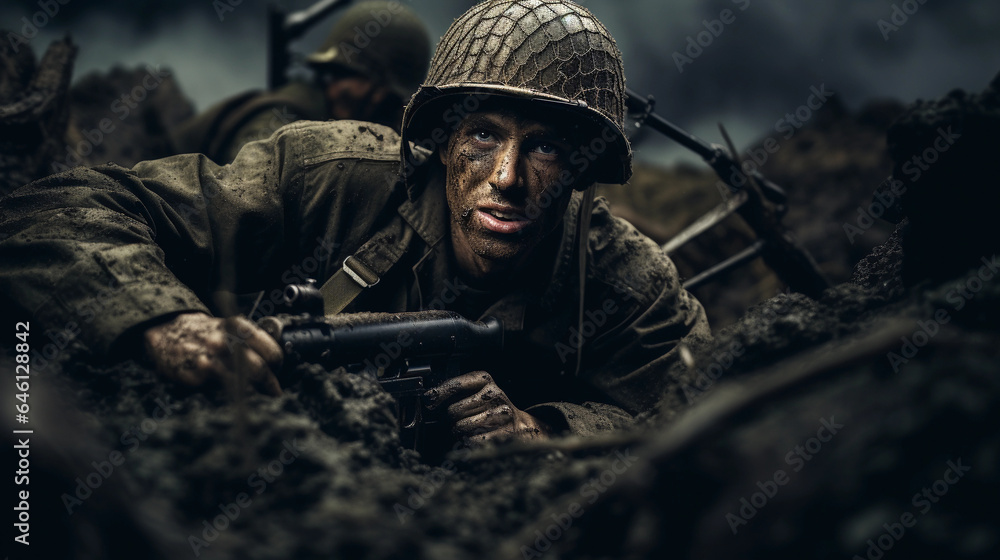 soldier in a foxhole, surrounded by mud and barbed wire, grim ...