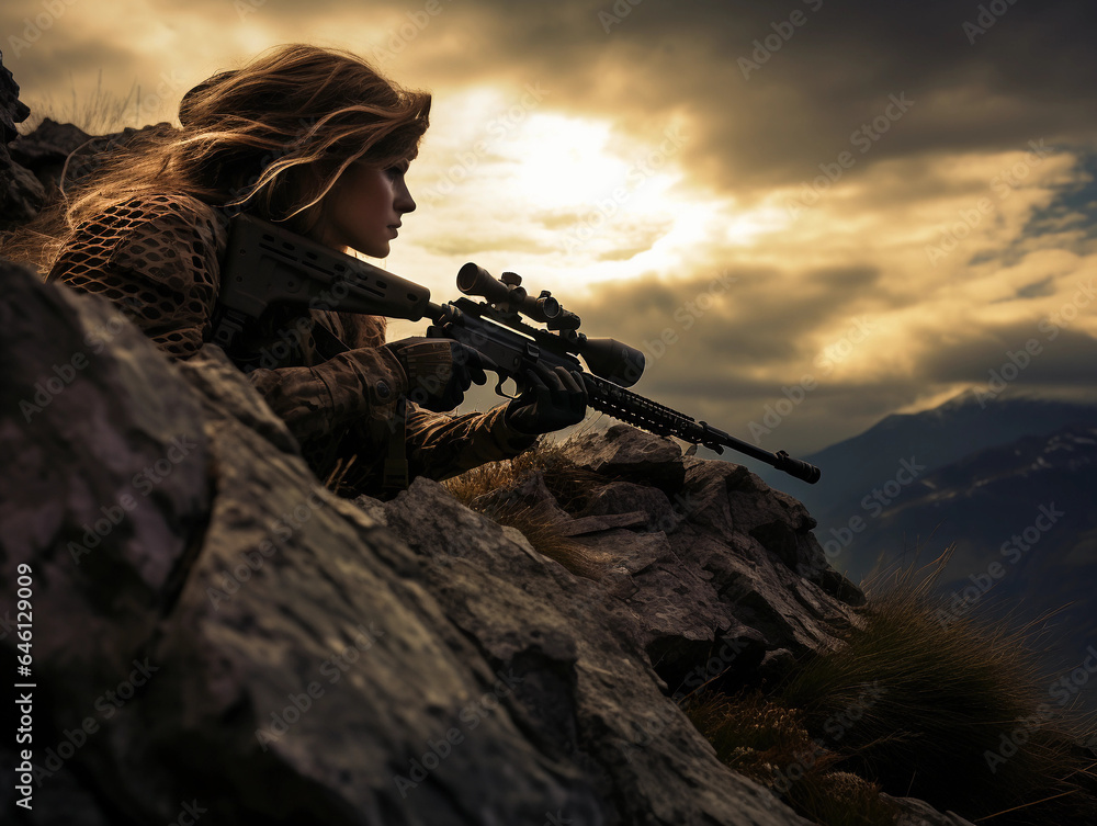 a female sniper in a Ghillie suit, lying on a rocky outcrop, scope ...
