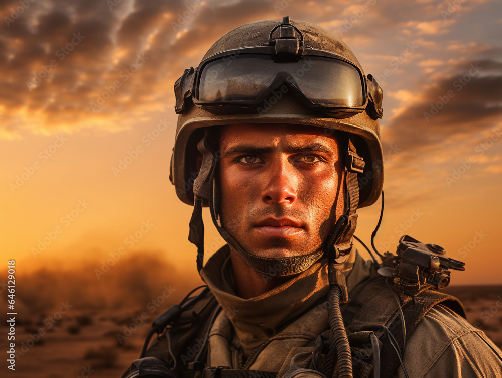 Israeli soldier in Six - Day War, portrait, wearing helmet and carrying ...