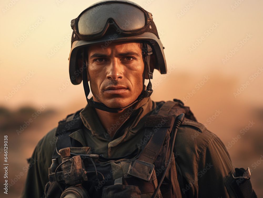 Israeli soldier in Six - Day War, portrait, wearing helmet and carrying ...