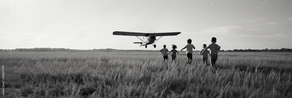 Black and white photograph, children running through a field of tall ...
