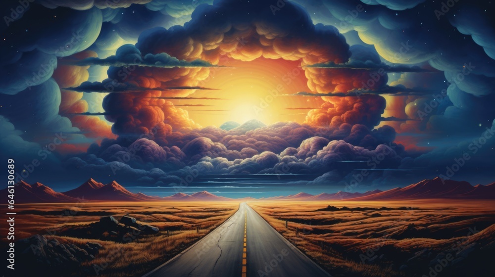 Long road through prairie landscape leading to sunset horizon, Surreal ...