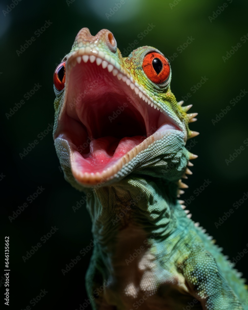A jovial iguana appears to be singing with its mouth wide open, basking ...