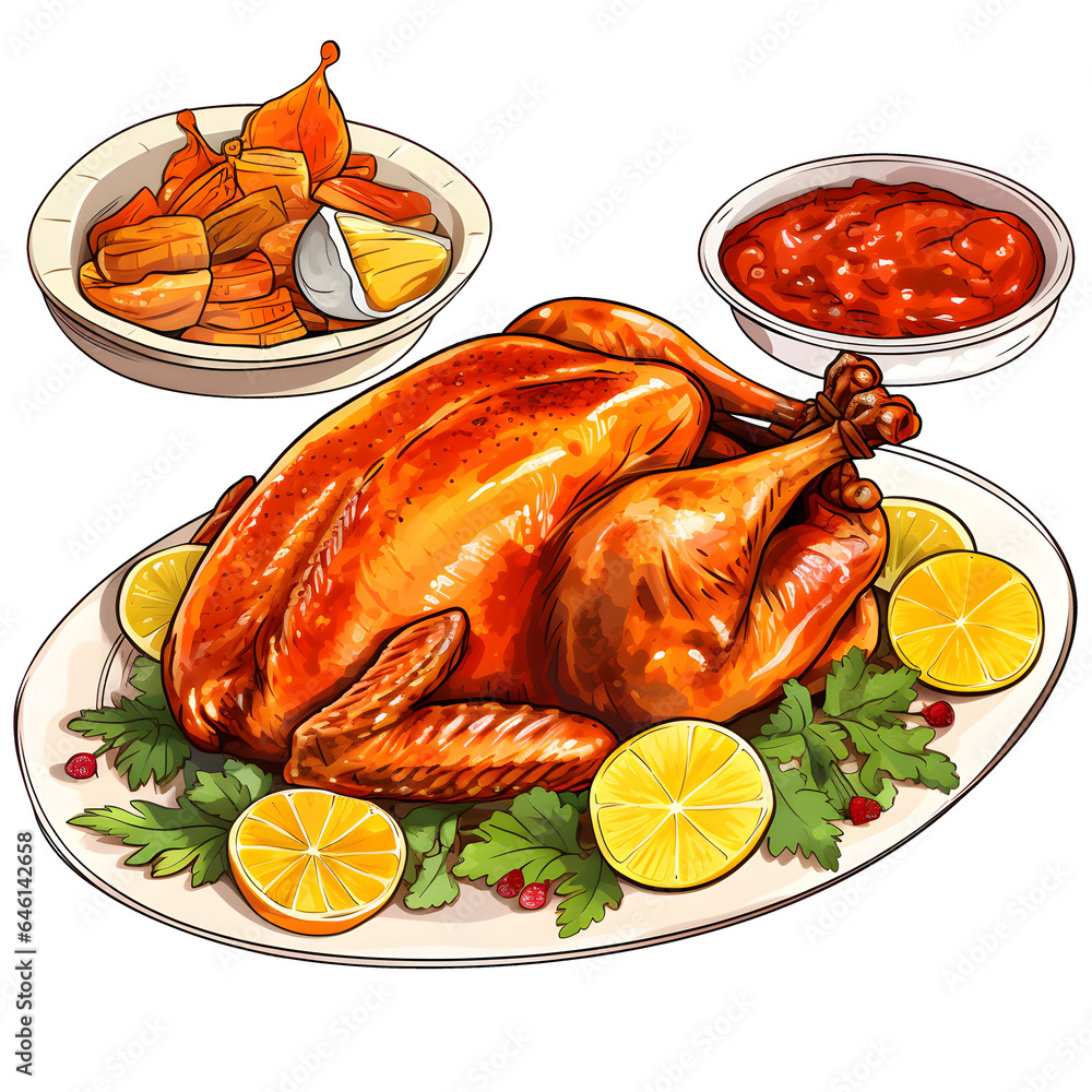 Cartoon cliparts of roast turkey with garnishes, transparent background ...