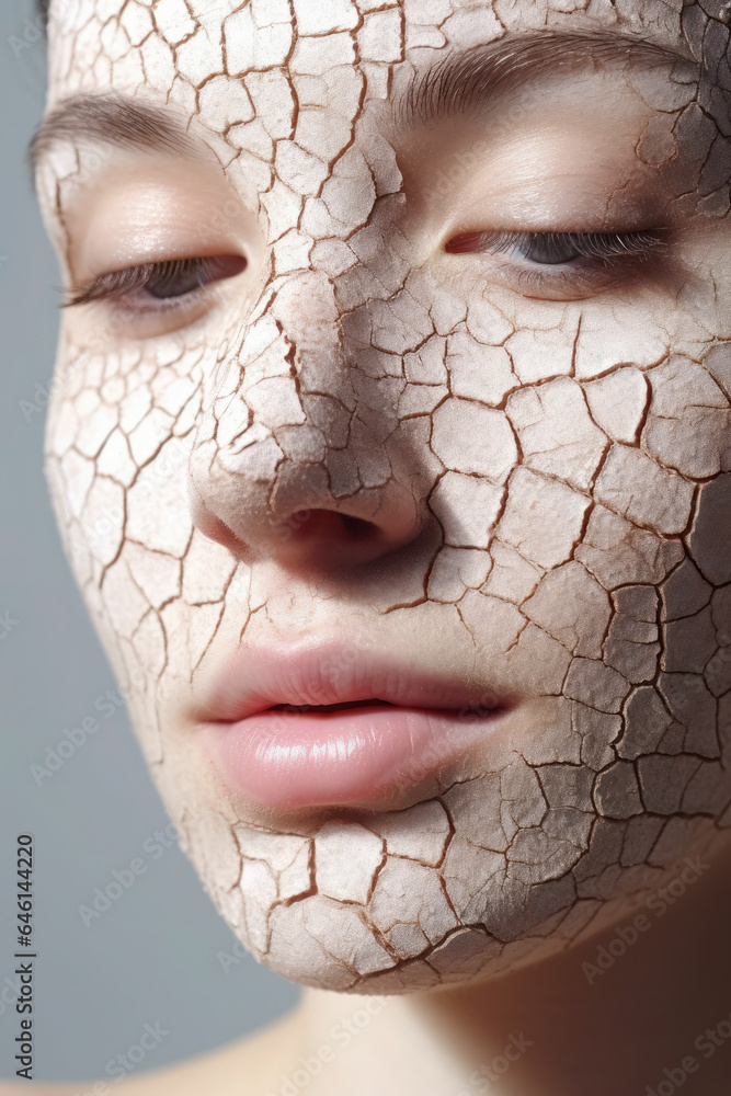 Woman with dry skin on face against. girl with cracks and dermatitis ...