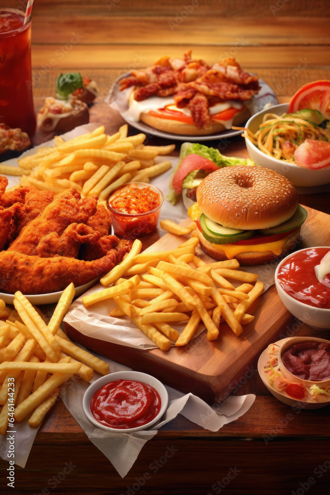 Buffet table of take out or delivery foods. hamburgers, fried chicken ...