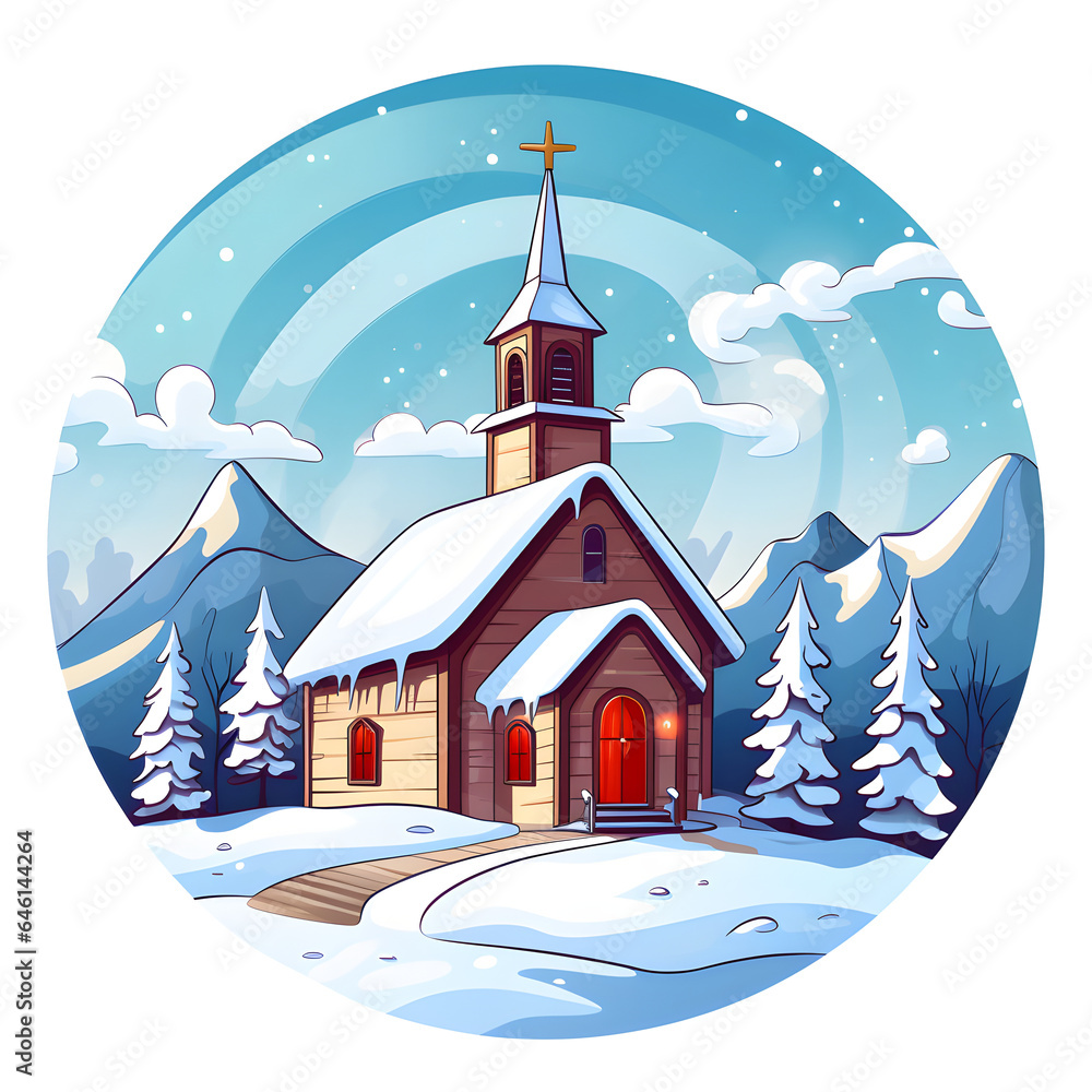 Cartoon clipart of a snowy village church, transparent background Stock ...
