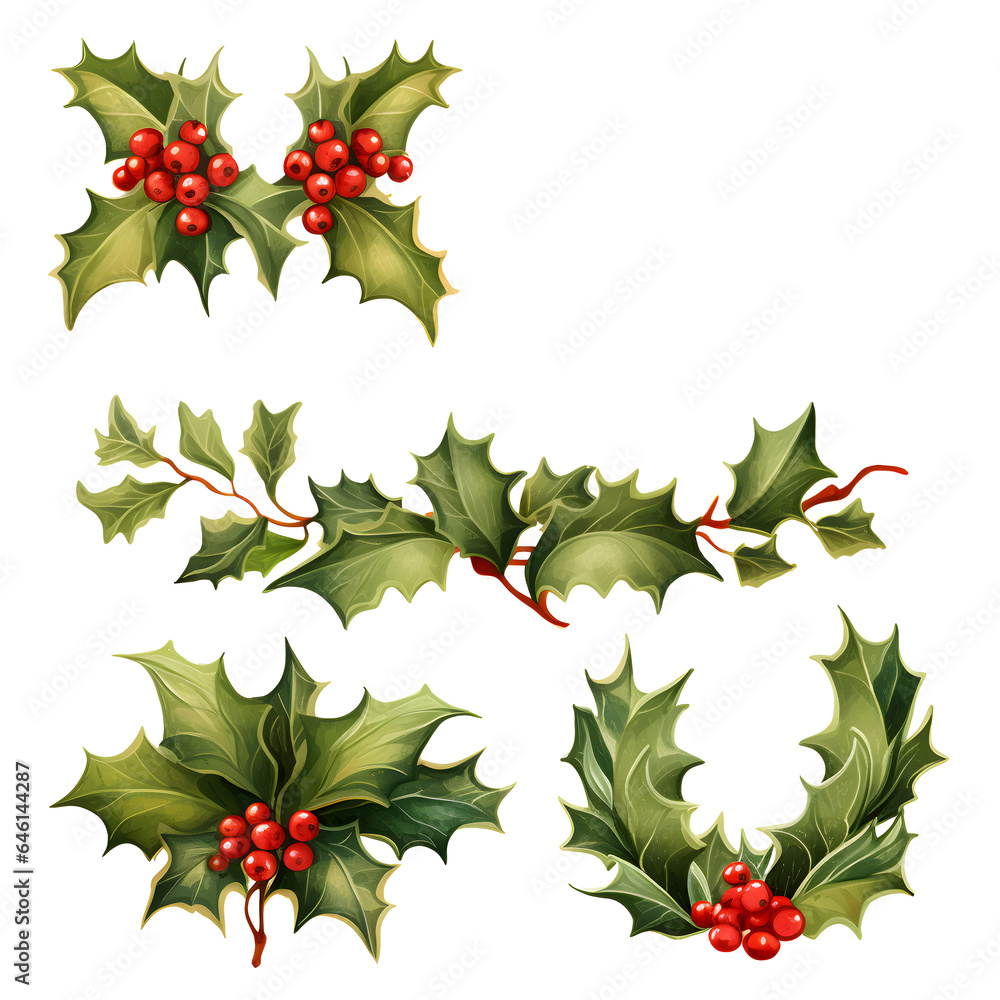 Cartoon clipart of holly and mistletoe garlands, transparent background ...