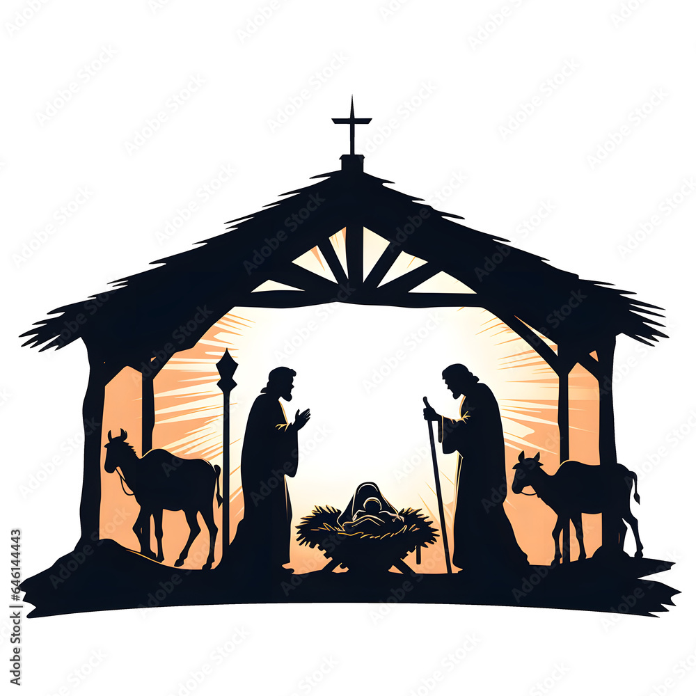 Cartoon clipart of a nativity scene with silhouettes, transparent ...