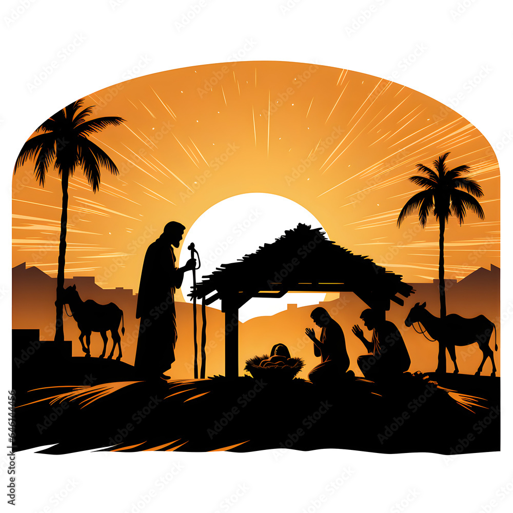 Cartoon clipart of a nativity scene with silhouettes, transparent ...