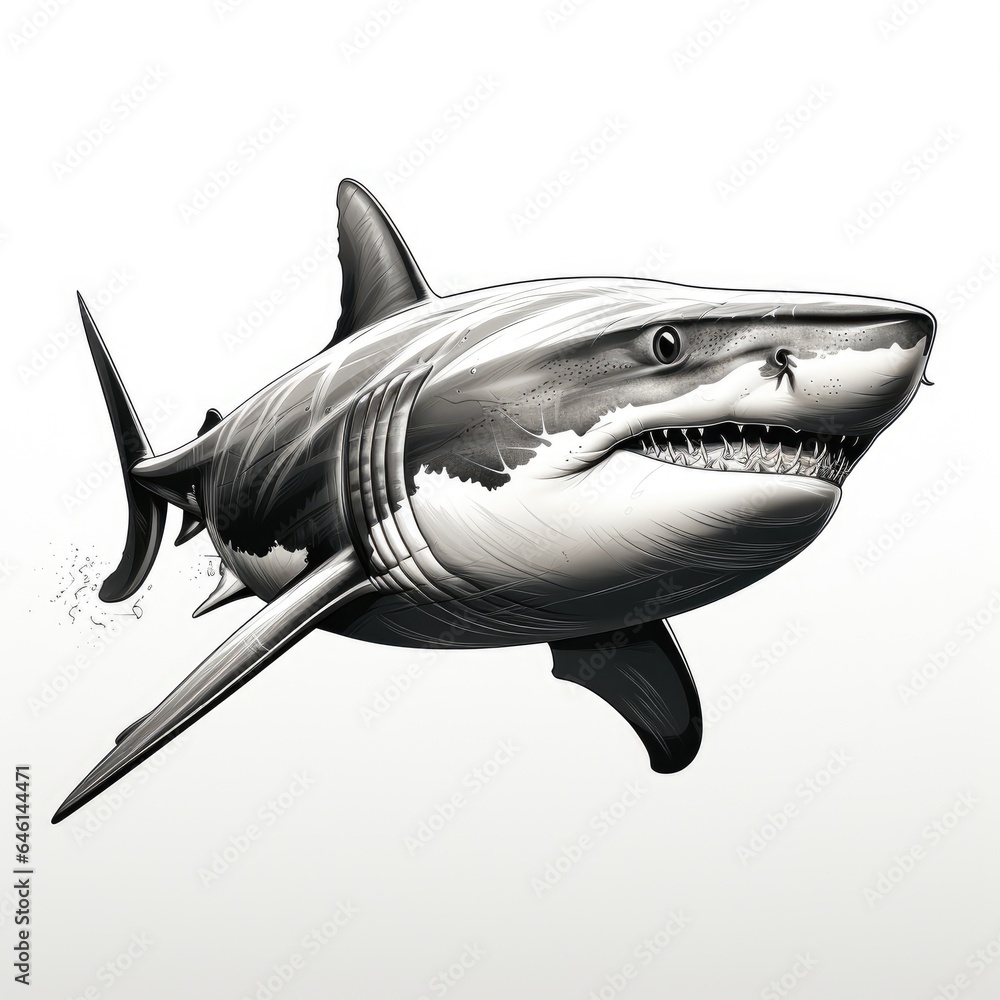 Black and white illustration of a shark. Dangerous shark drawing with ...