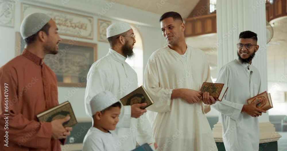 Islam, people and walking with Quran in mosque for religion, learning ...