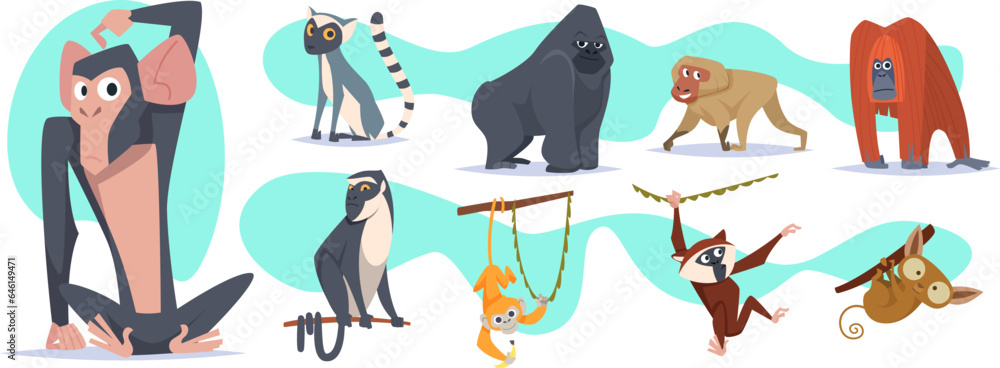 Cartoon monkey. Wild animals standing jumping and walking exact vector ...