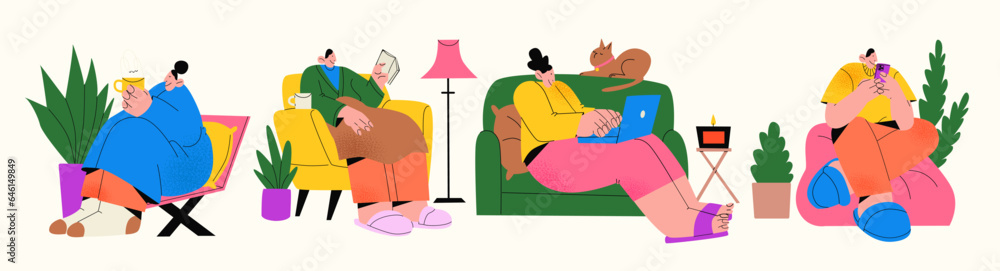 Cartoon retro characters sitting at home on the sofa in the room ...