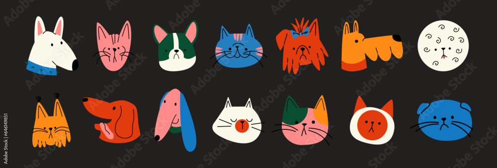 Cartoon retro animal pets heads. Dogs and cats in doodle groovy style ...