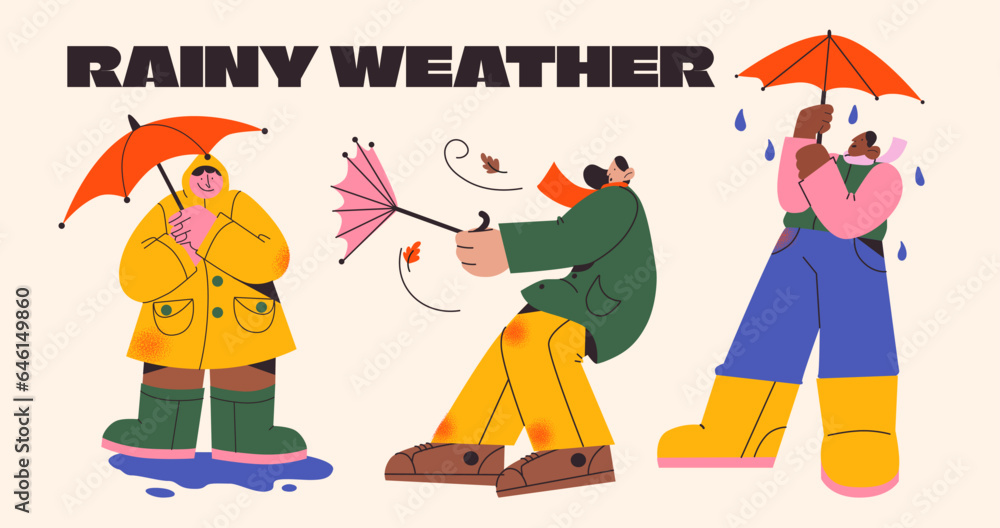 Cartoon characters people in the rain with an umbrella. Rainy autumn ...