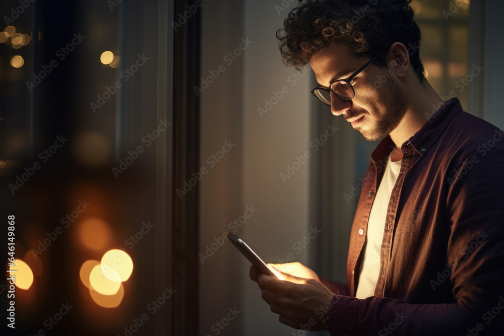 Man is pictured looking at his cell phone in dark environment. This ...