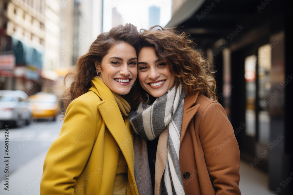 Picture of two women standing next to each other on street. This image ...
