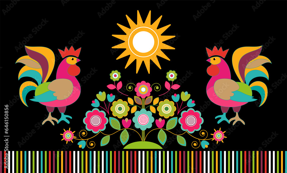 Seamless pattern with stylized roosters and flowers. Black background ... Seamless pattern with stylized roosters and flowers. Black background ...