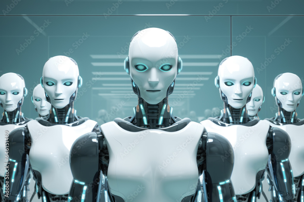 Group of robots standing in close proximity to each other. This image ...