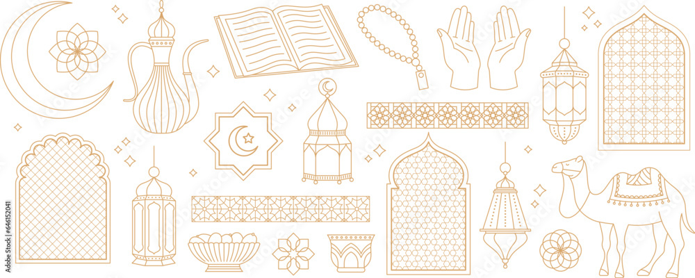 Arabic muslim element gold line. East arch, holiday ornate elements ...