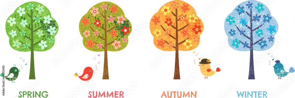 Cartoon vector trees with flowers and birds in four different seasons ...