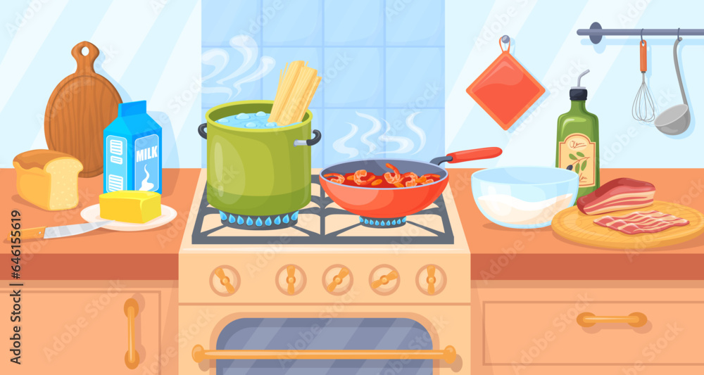 Boiling food on cooker. Boil meal in cover pan at gas stove indoor ...