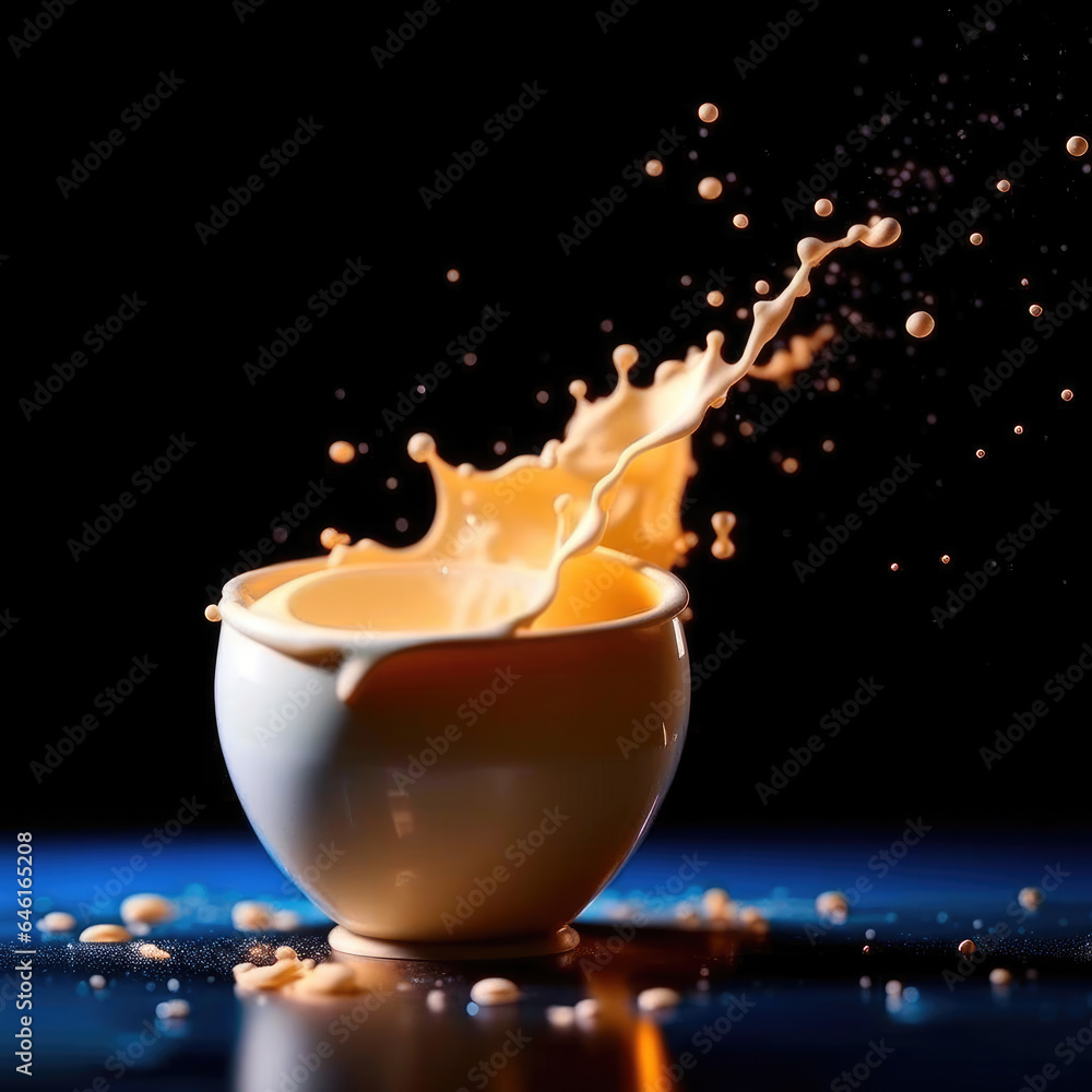 Realistic milk and drink splashing with cup, food and beverage concept ...