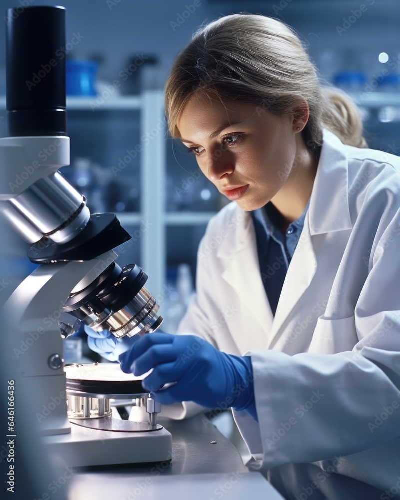 medical worker in cancer research facility is sat at microscope ... medical worker in cancer research facility is sat at microscope ...