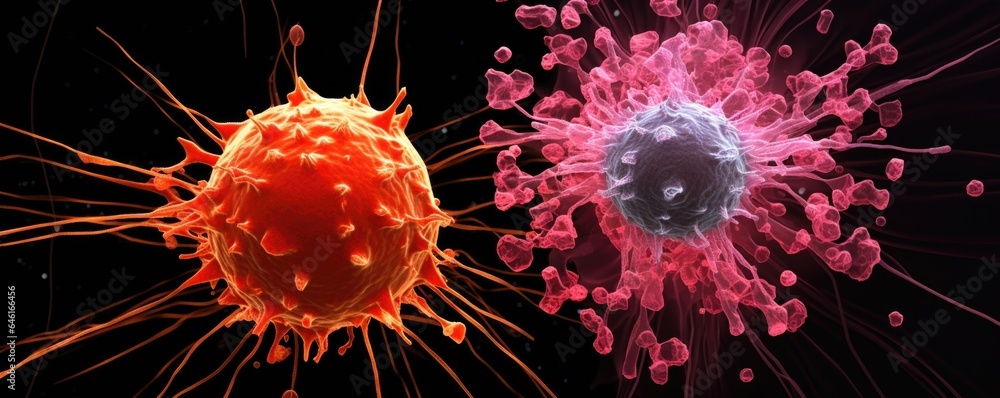 splitscreen comparison of two cells one healthy and the other cancerous ...