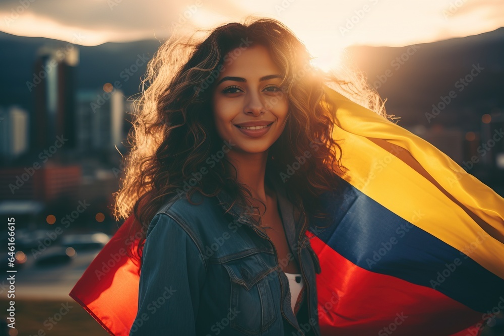 Colombian woman with their flag. Elements of red, blue and yellow ...