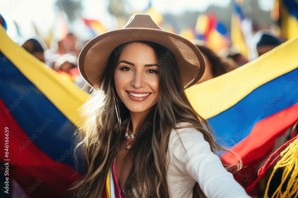 Colombian woman with their flag. Elements of red, blue and yellow ...