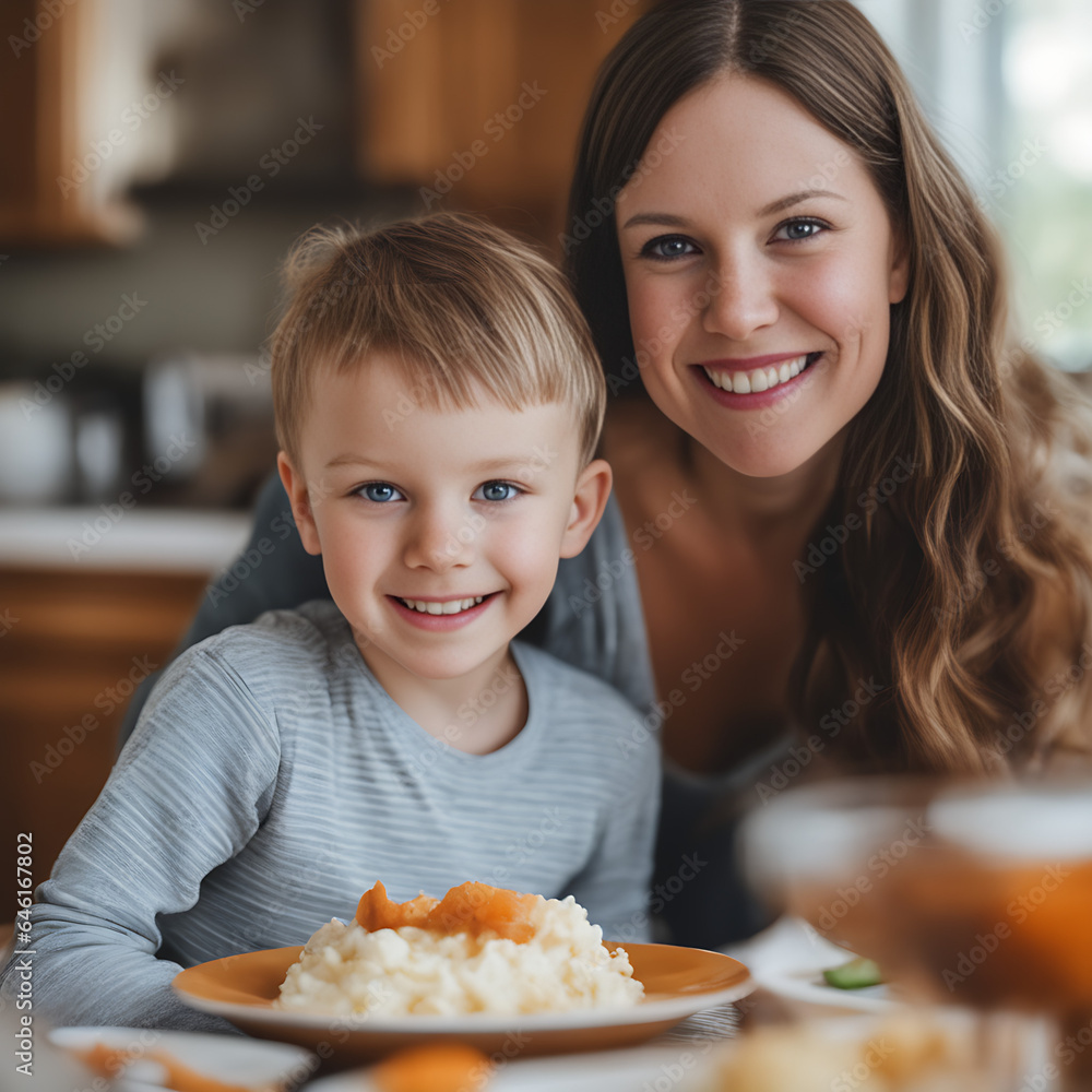 Niño comiendo arroz junto a su madre Stock Photo | Adobe Stock
