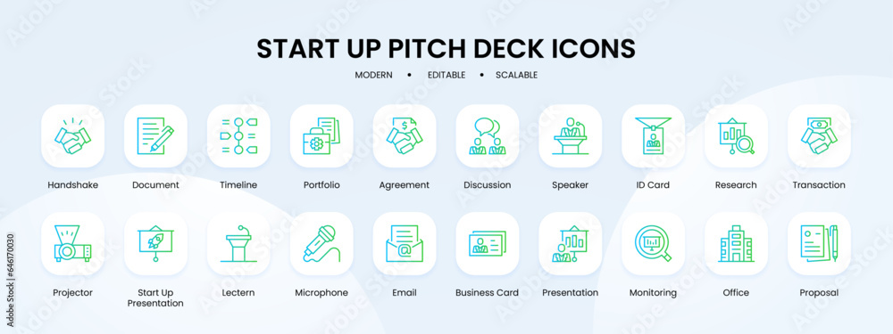 Vecteur Stock Start up pitch deck icon collection with black outline ...