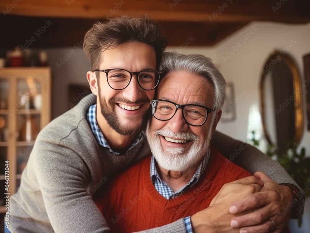 Adult hipster son fun hugging old senior father at home, two ...