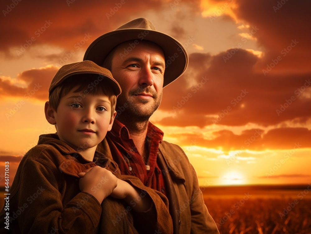 Farmer and his son in front of a sunset agricultural landscape. Man and ...