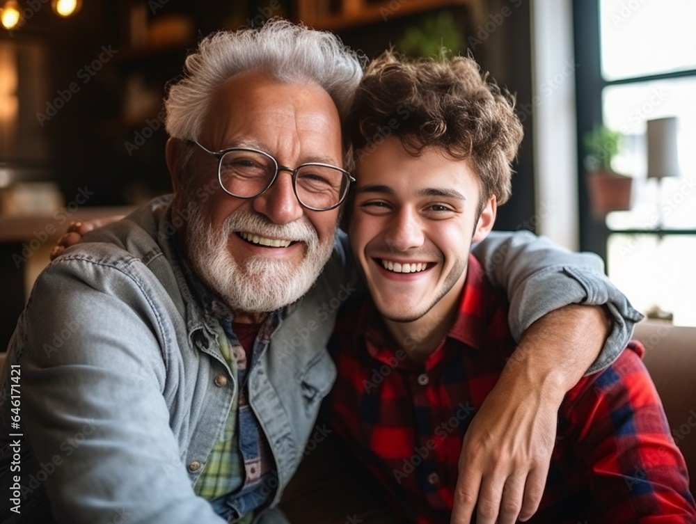 Adult Hipster Son Fun Hugging Old Senior Father At Home Two