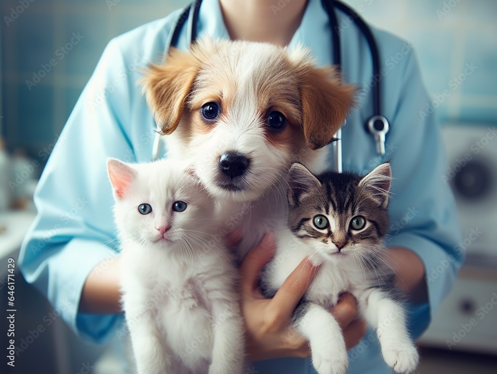 Vet examining dog and cat. Puppy and kitten at veterinarian doctor ...
