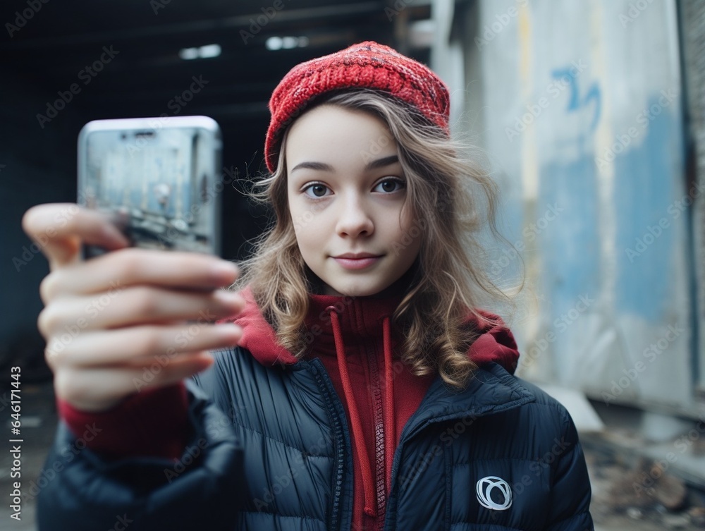 Teenage girl filming video of herself on mobile phone : Generative AI ...