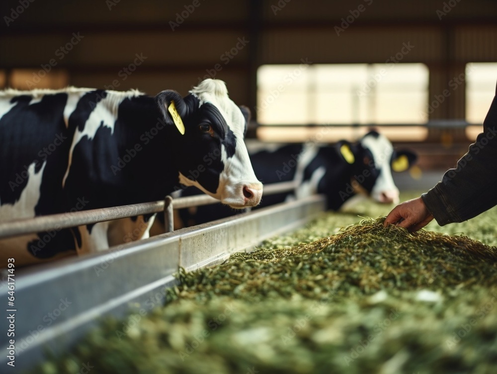 Healthy dairy cows feeding on fodder standing in row of stables in ...