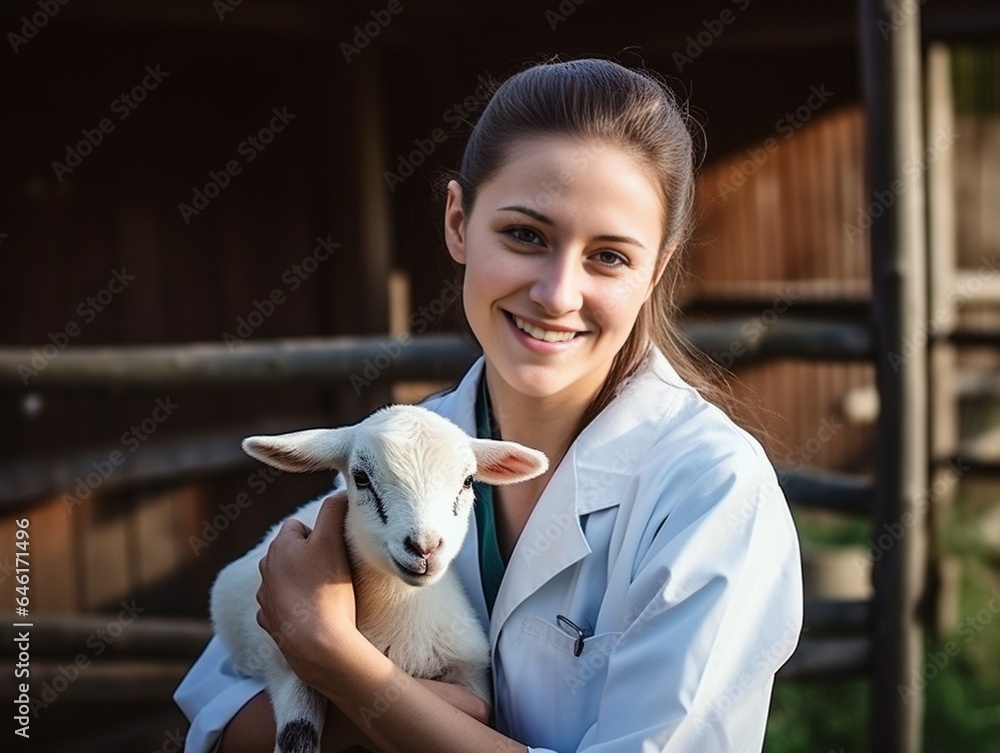 Lamb, baby animal and vet woman at a farm or zoo for health and ...
