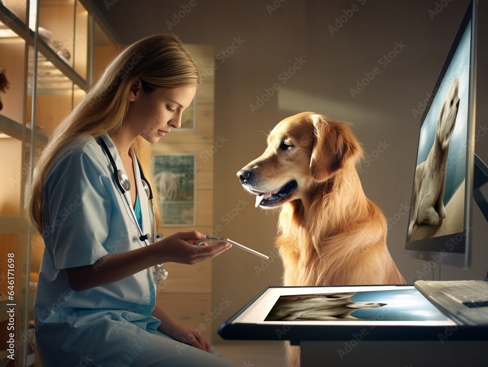 At a Modern Veterinary Clinic: Golden Retriever Pet Standing on ...