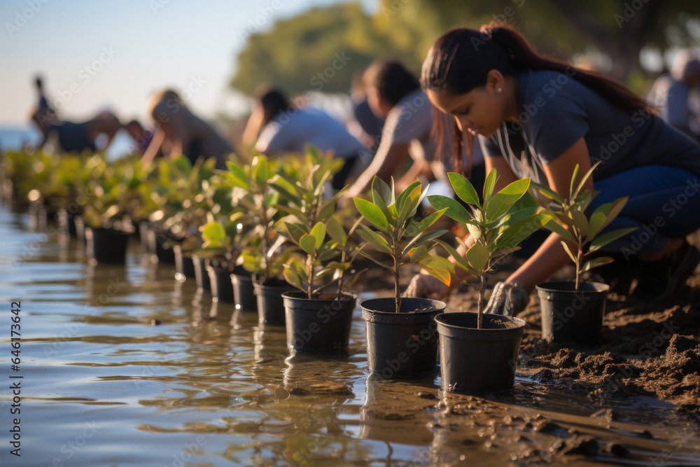 A coastal community participates in a mangrove tree planting event ...