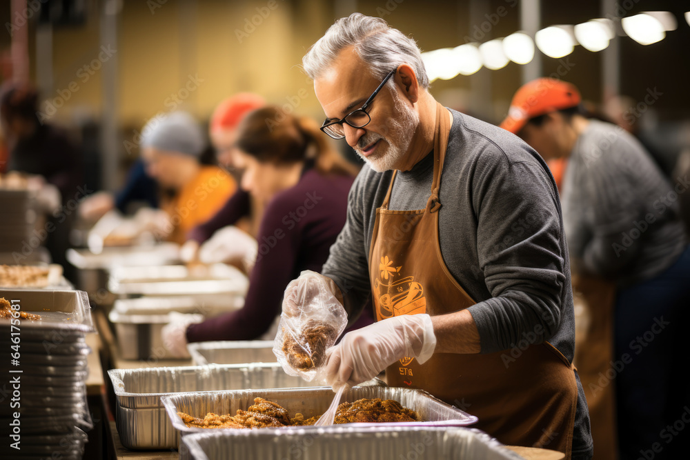 A group of people volunteering at a local food bank, embodying the ...