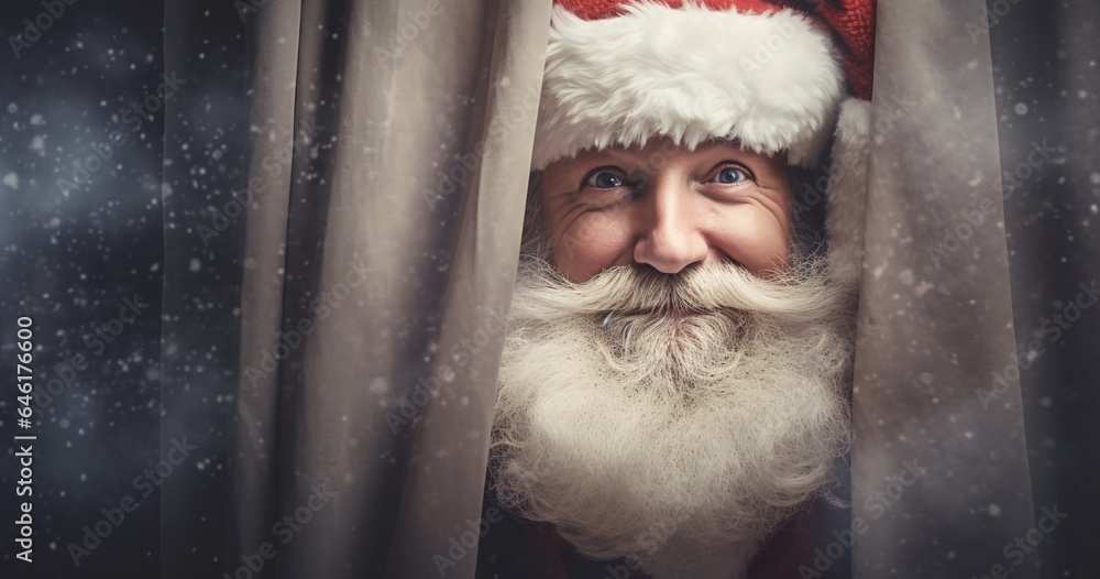 Santa's Peeking Pose: A Delightful Surprise from Saint Nick Stock Photo ...