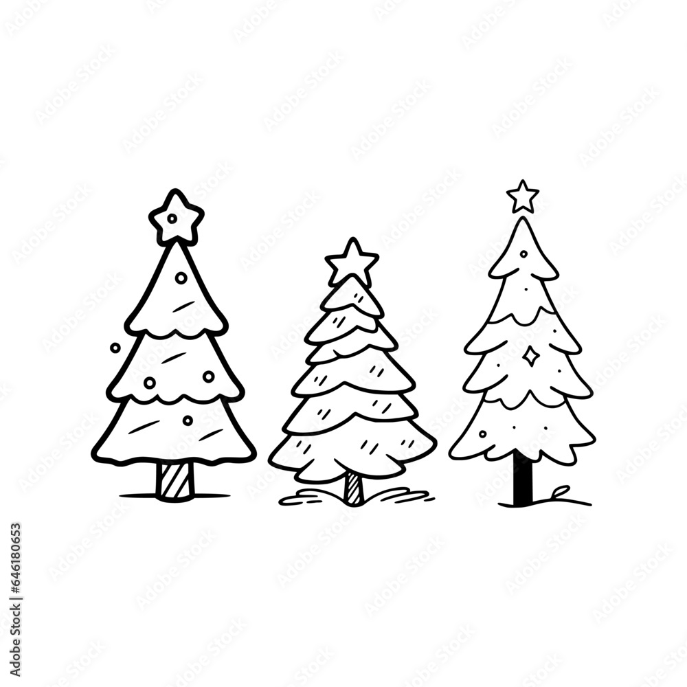 Tiny Christmas trees doodle illustration. Easy drawing line work ...