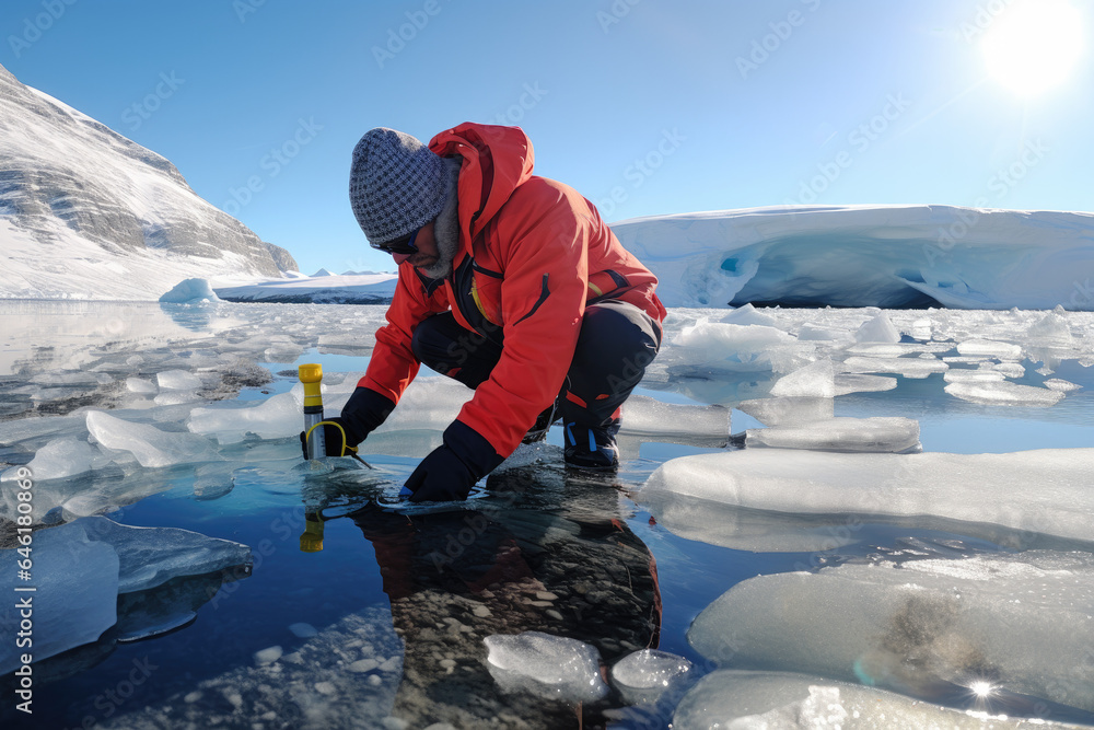 Climate scientist in Arctic gear takes an ice core sample on a melting ...
