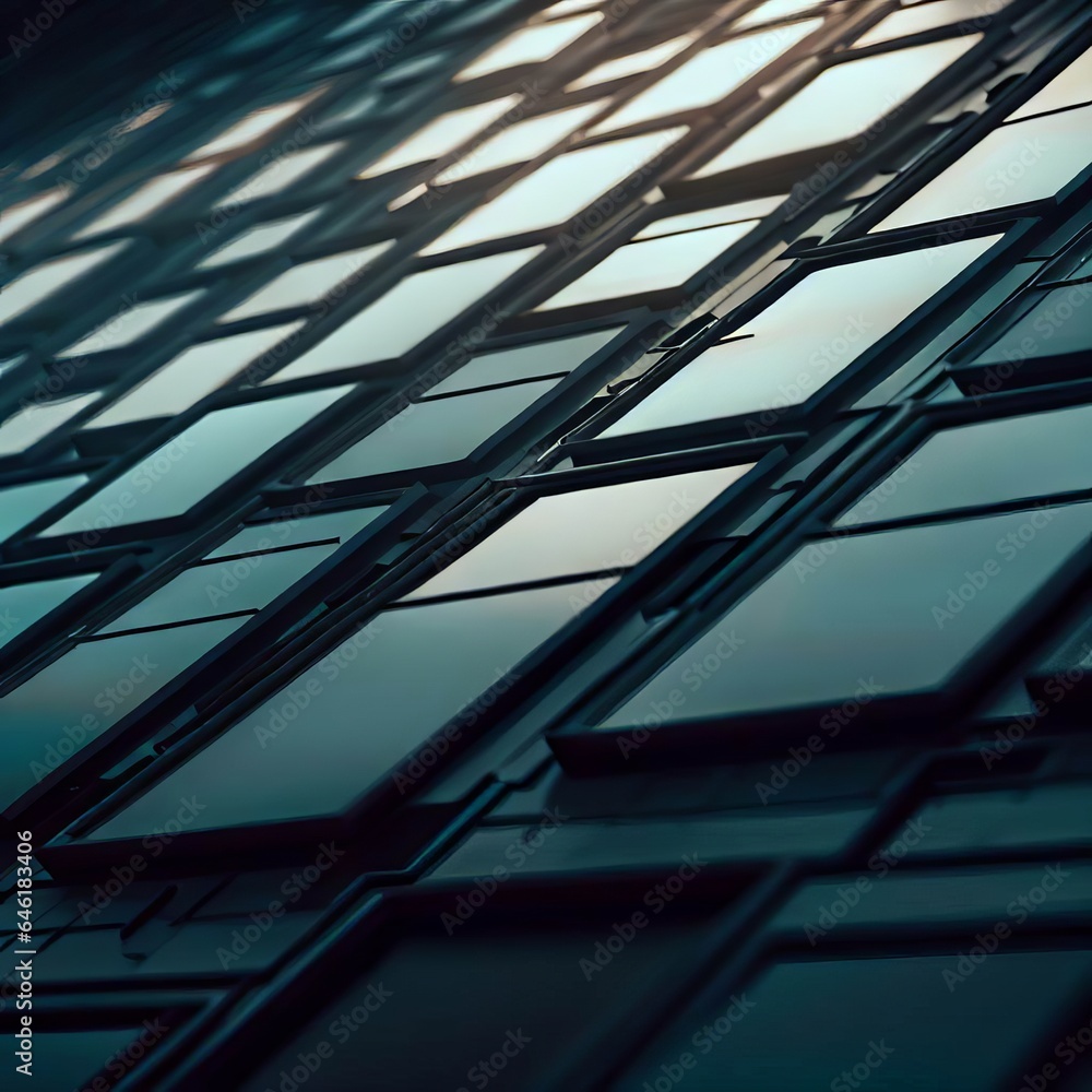 Skyscraper window pattern on an angle with sun lighting emitting from ...